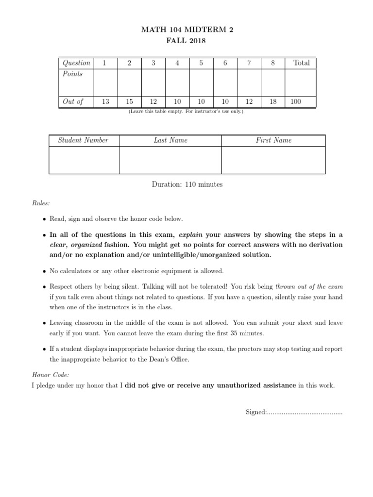 MATH 104 Fall 2018 Midterm Exam | PDF | Curvature | Equations