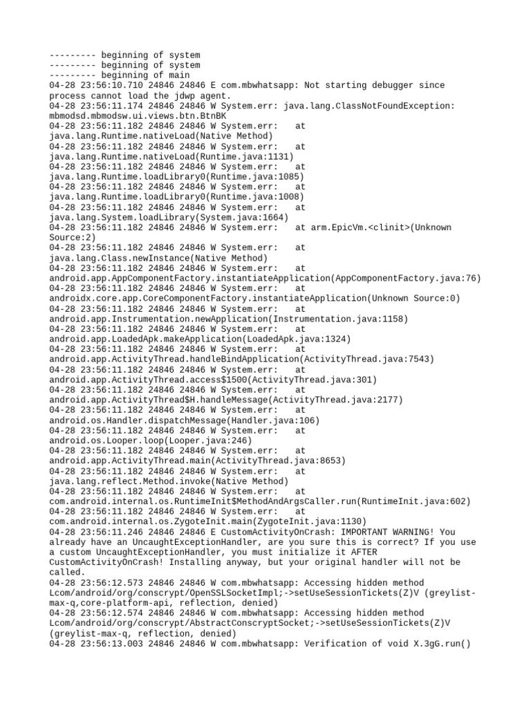 Debugging Errors in mbWhatsApp Logs | PDF | Java (Programming Language) | Mobile App