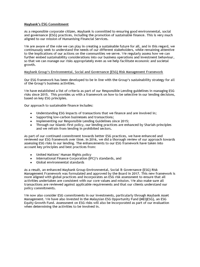 Maybank ESG Commitment | PDF | Governance | Sustainability