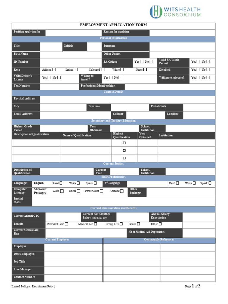Employment Application Form Template | PDF | Salary | Employment