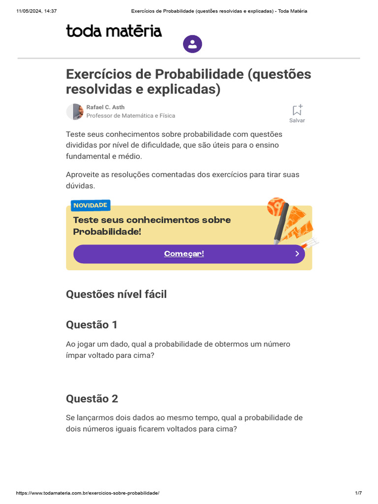 Exercícios de Probabilidade (Questões Resolvidas e Explicadas) - Toda ...