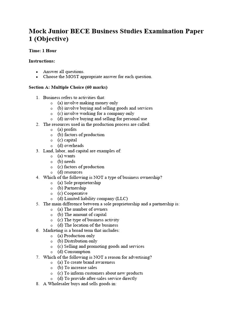 Mock Junior BECE Business Studies Examination Paper 1 | Download Free ...