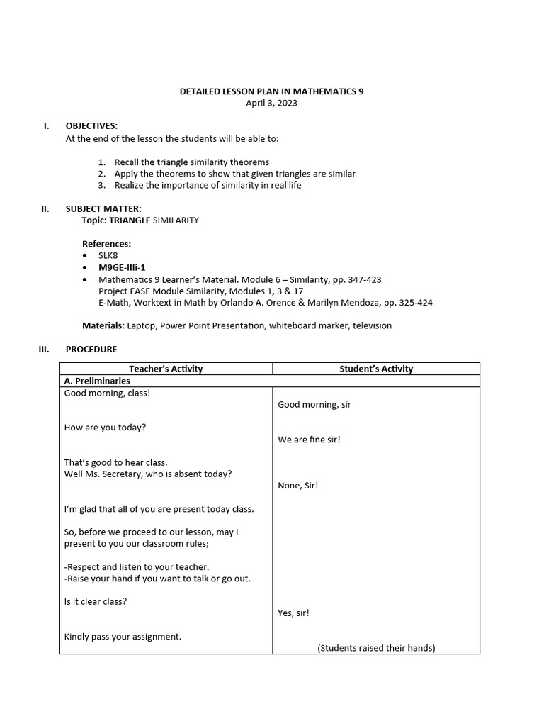 DETAILED LESSON PLAN IN MATHEMATICS 9 Week 8 Day 1 | PDF | Triangle ...