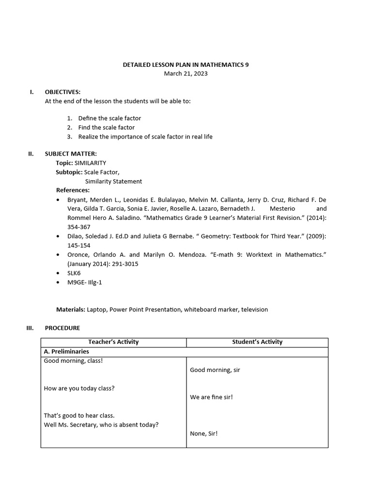 Grade 9 Lesson Plan: Scale Factor | PDF | Euclid | Elementary Geometry