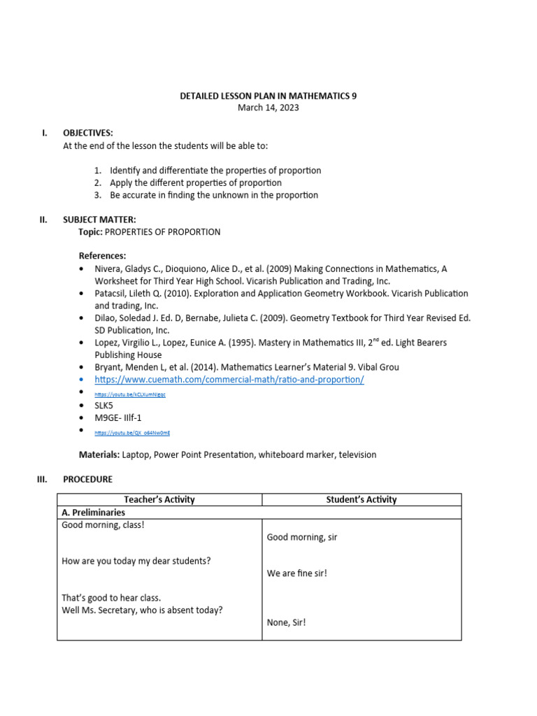 Properties of Proportion Lesson Plan | PDF | Ratio | Mathematics