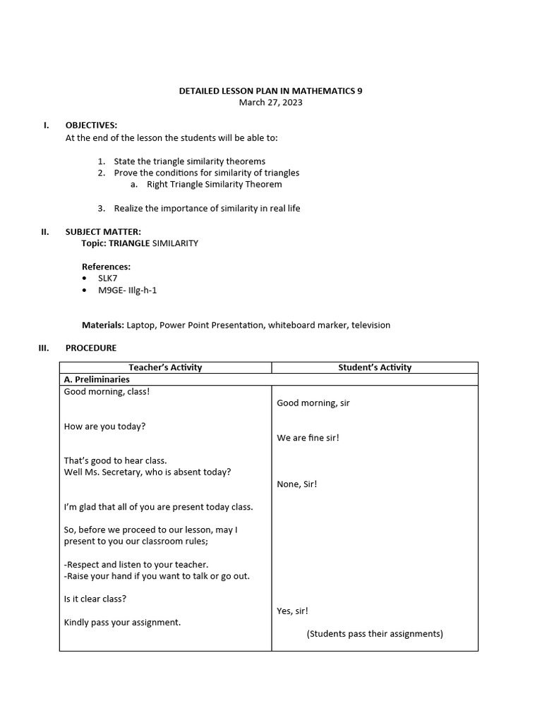 Detailed Lesson Plan Week 7 Day 3 Right Triangle | PDF | Triangle ...