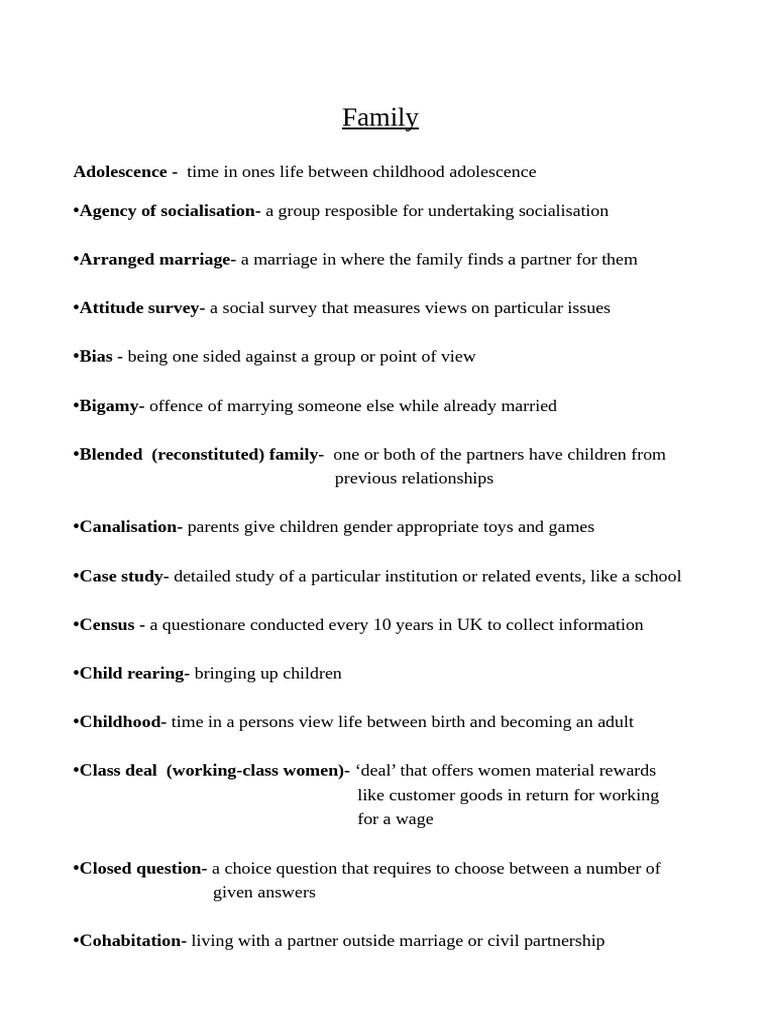 GCSE Sociology Key Words-Family Topic | PDF | Family | Gender Studies