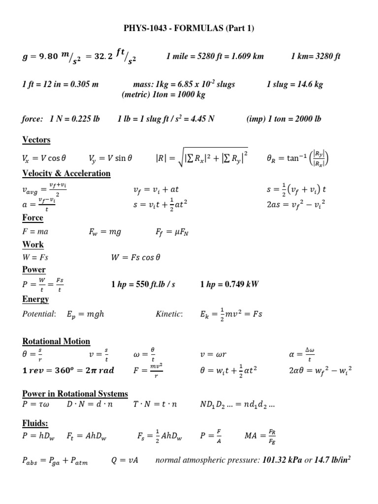 PHYS1043-FORMULAS (24S) | PDF | Force | Kinetic Energy