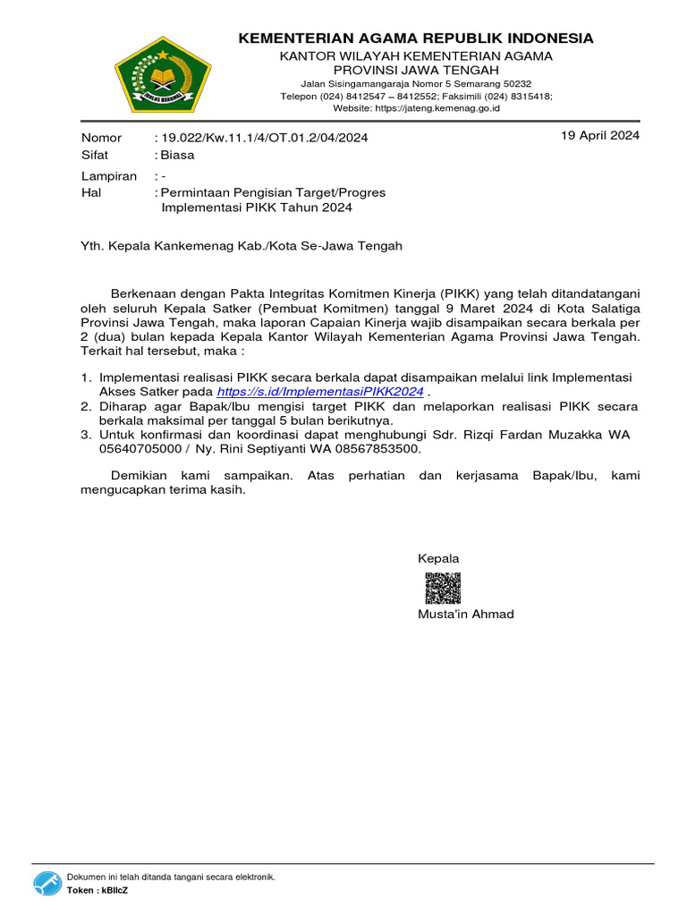 Surat Permintaan Implementasi PIKK 2024 | PDF