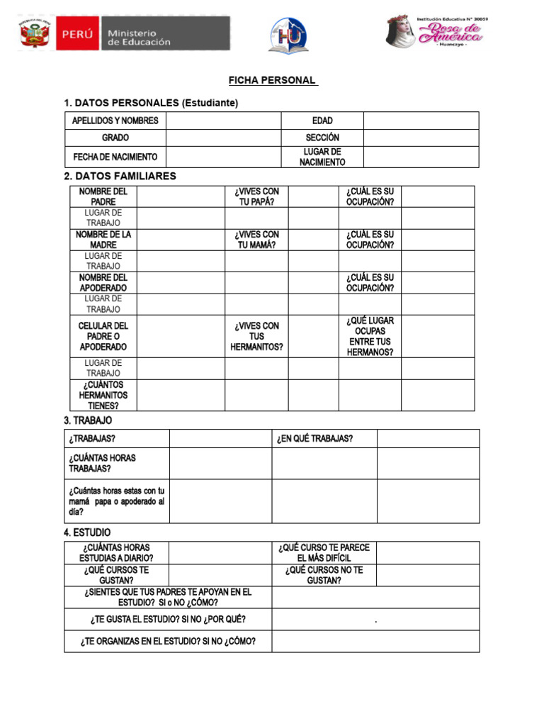 FICHA PERSONAL ENCUESTA Del Estudiante | PDF