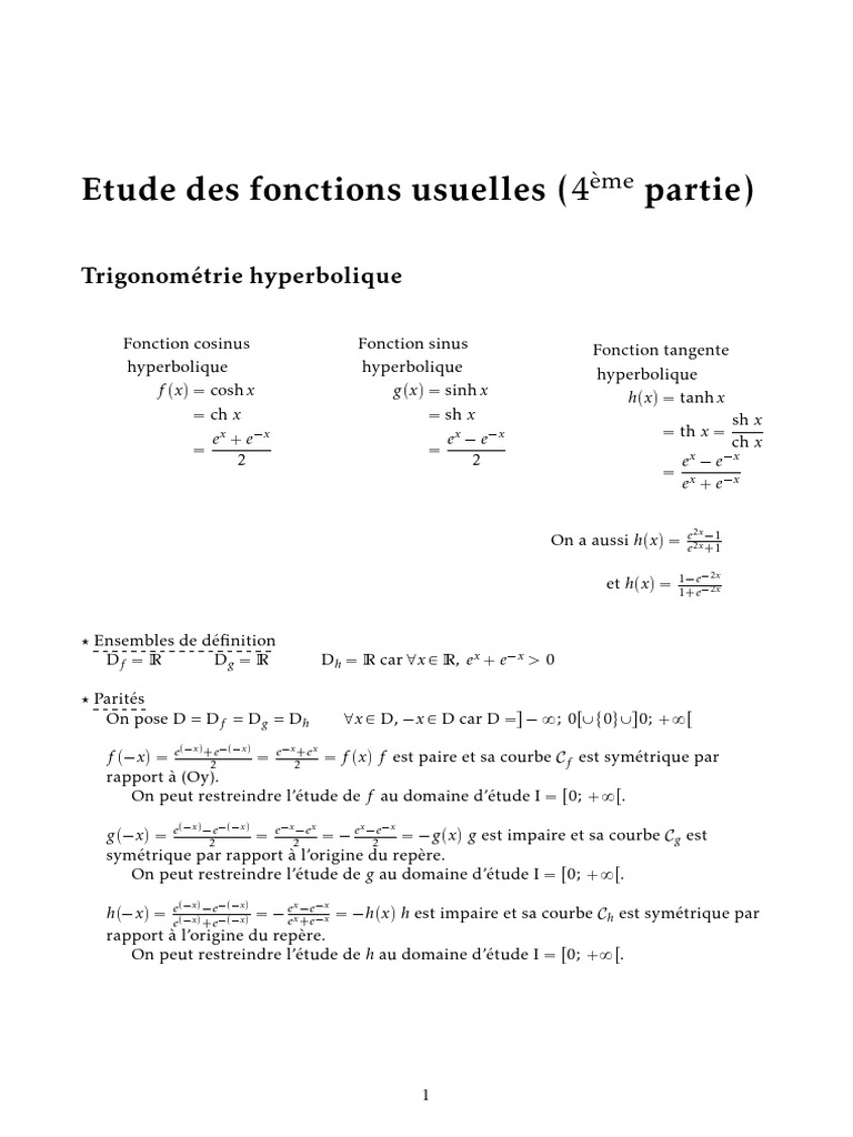 Trigonométrie hyperbolique : fonctions et dérivées | PDF | Fonction ...