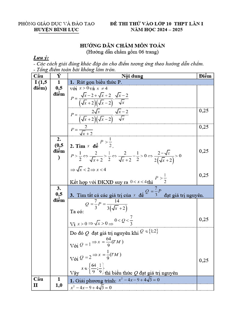 HƯỚNG DẪN CHẤM-ĐỀ THI THỬ VÀO LỚP 10 LẦN 1 | PDF