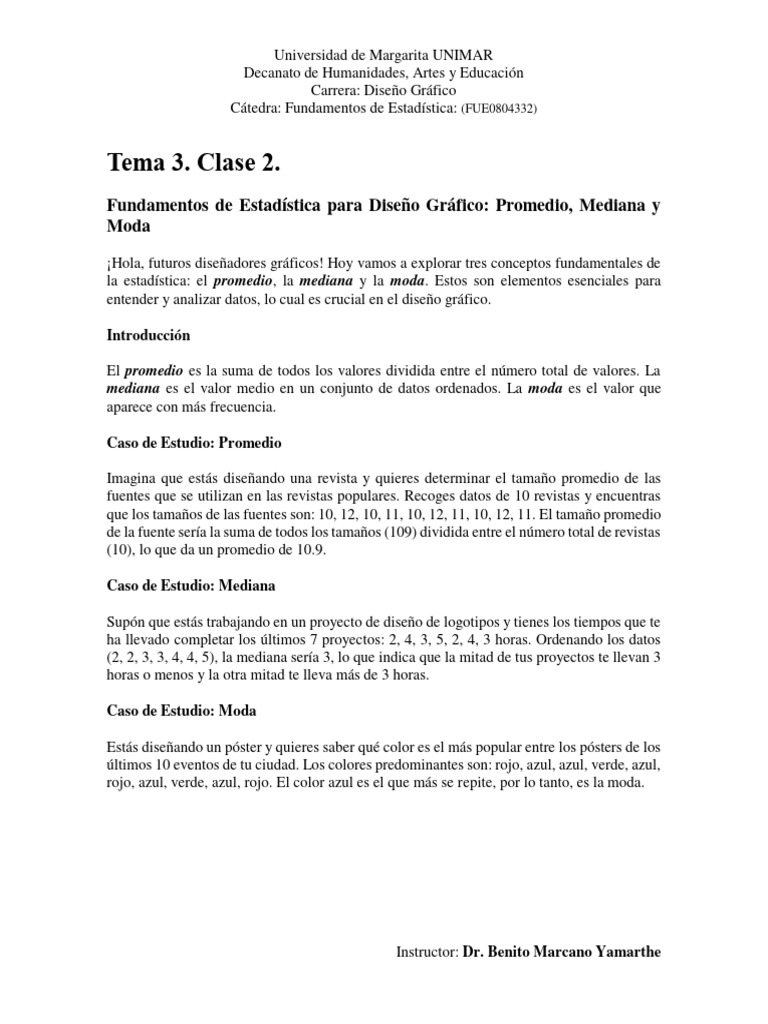 Tema 3. Clase 2. Promedio Mediana Moda | PDF | Mediana | Diseño gráfico