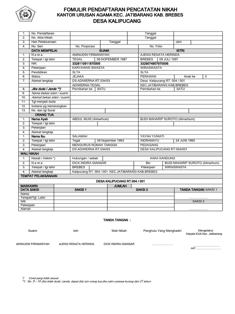 Blangko Pendaftaran Nikah | PDF