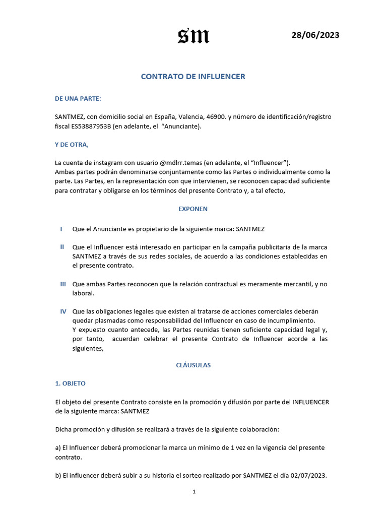Modelo de Contrato de Influencer PDF | Descargar gratis PDF | Marca