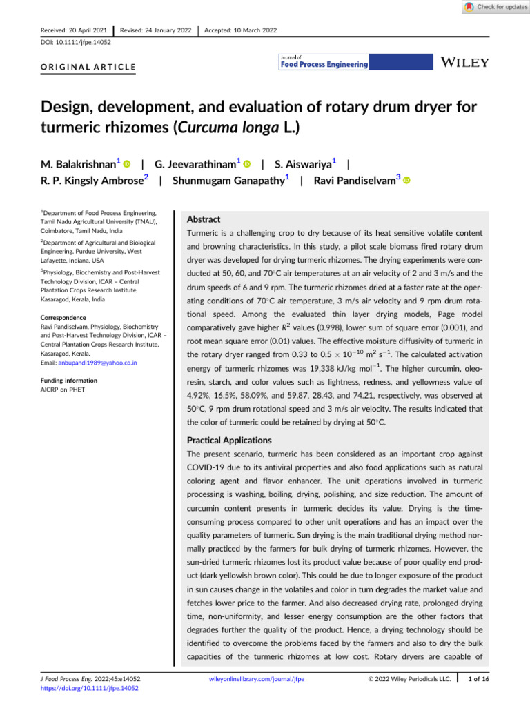 J Food Process Engineering - 2022 - Balakrishnan - Design Development and Evaluation of Rotary ...