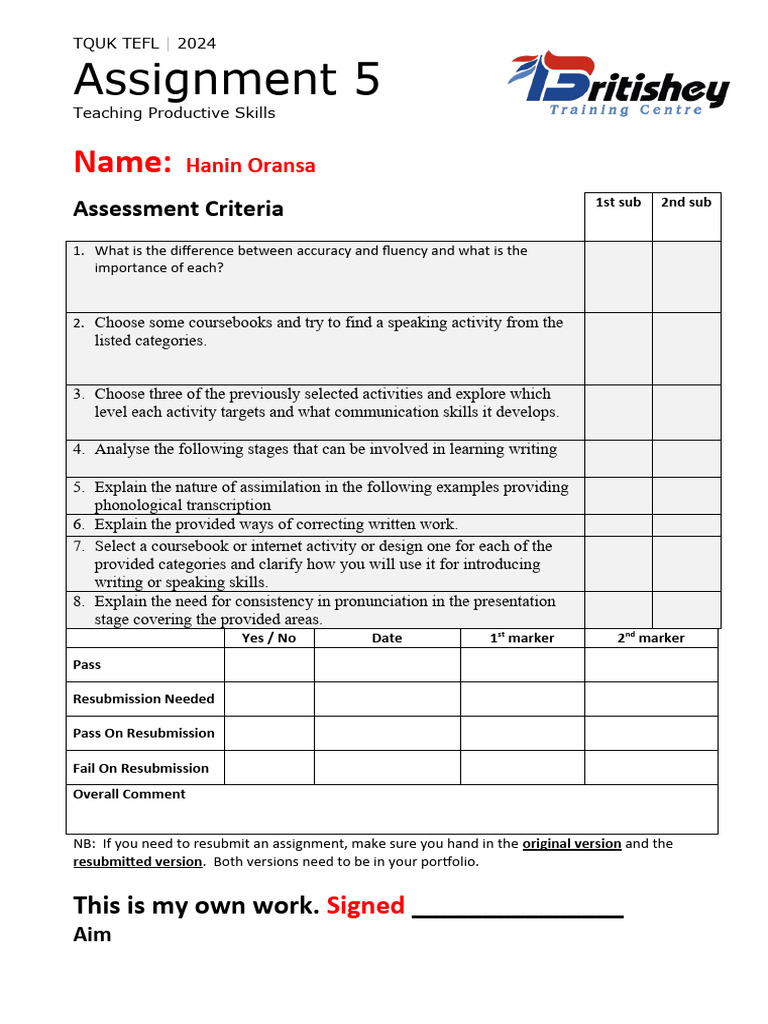 Assignment 5 (Hanin Oransa) | PDF | Stress (Linguistics) | Fluency