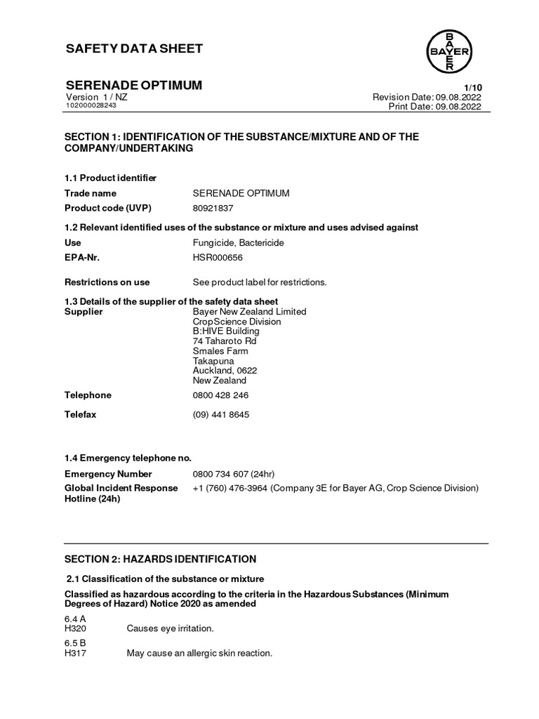 Serenade Optimum SDS | PDF | Toxicity | Firefighting