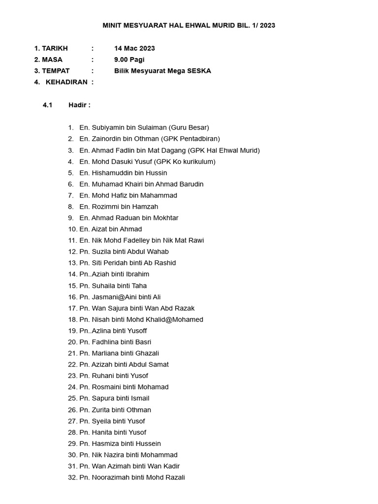 Minit Mesyuarat Hem Bil 1 Sesi 2023 | PDF