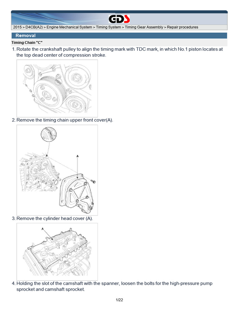 Removal: 2015 D4CB (A2) Engine Mechanical System Timing System Timing Gear Assembly Repair ...