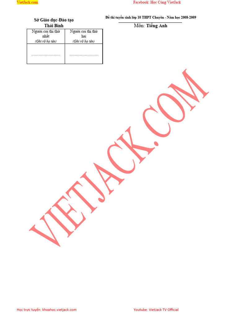 De Thi Vao Lop 10 Chuyen Tieng Anh de 9 | PDF | Vietnam