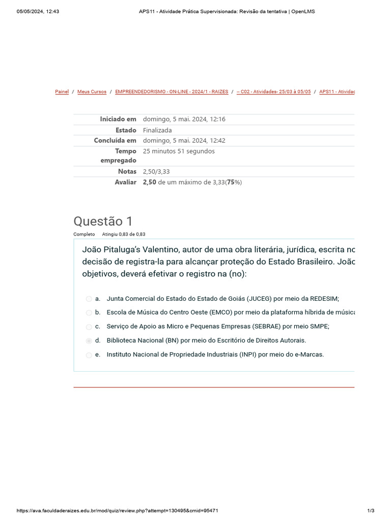 APS11 - Atividade Prática Supervisionada - Revisão Da Tentativa - OpenLMS | PDF | Direitos Autorais