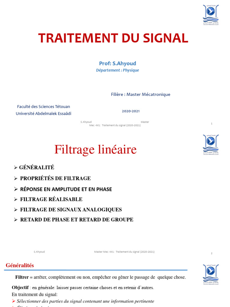 Filtrage Linéaire en Traitement du Signal | PDF | Filtre (électronique ...
