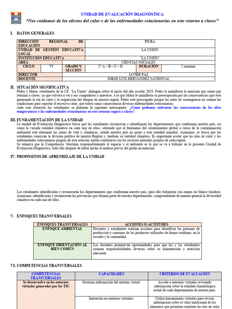 Unidad de Evaluación Diagnóstica - CCSS 2° Abcd - 2024 | PDF | Aprendizaje | Evaluación