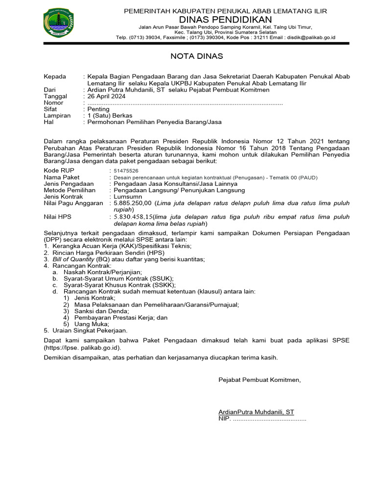 Nota Dinas PPK ( KONSULTAN PAUD) | PDF