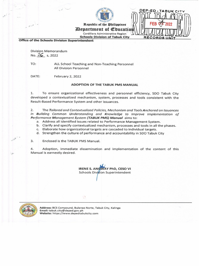 DM No 26 S 2022 Adoption of Tabuk Pms Manual | PDF