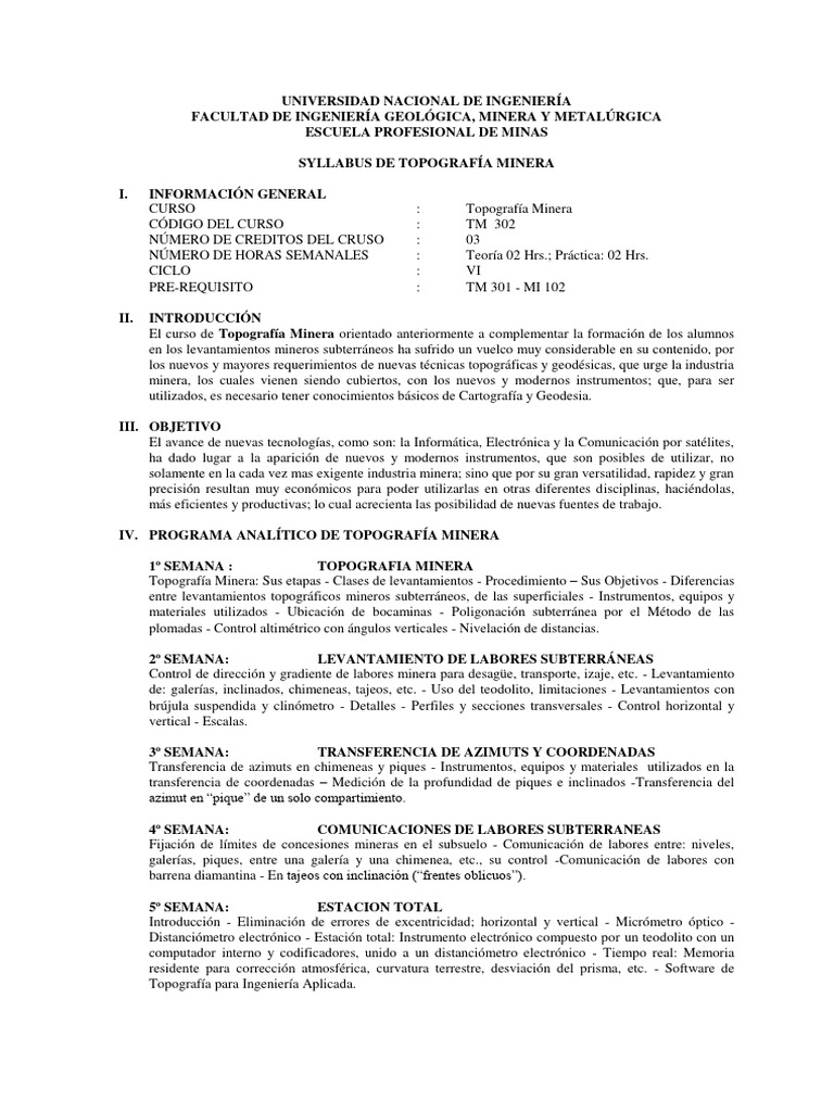 Syllabus TM-302 - TOPOGRAFÍA - MINERA - 2013 - I | PDF | Geodesia | Topografía