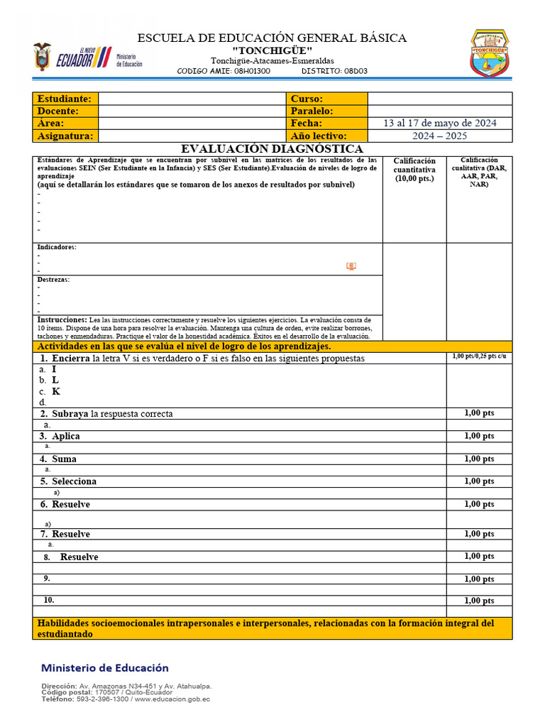 FORMATO EVALUACIÓN DIAGNÓSTICA 2024-2025 | Descargar gratis PDF | Evaluación | Cognición