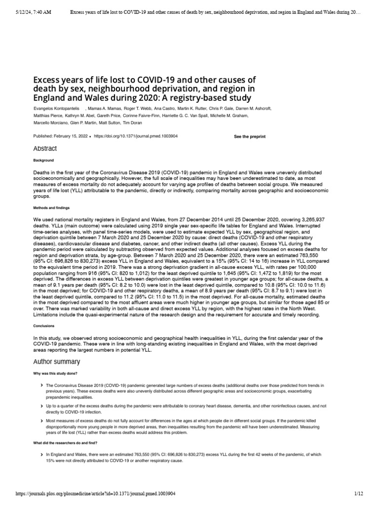 Excess Years of Life Lost To COVID-19 and Other Causes of Death by Sex ...