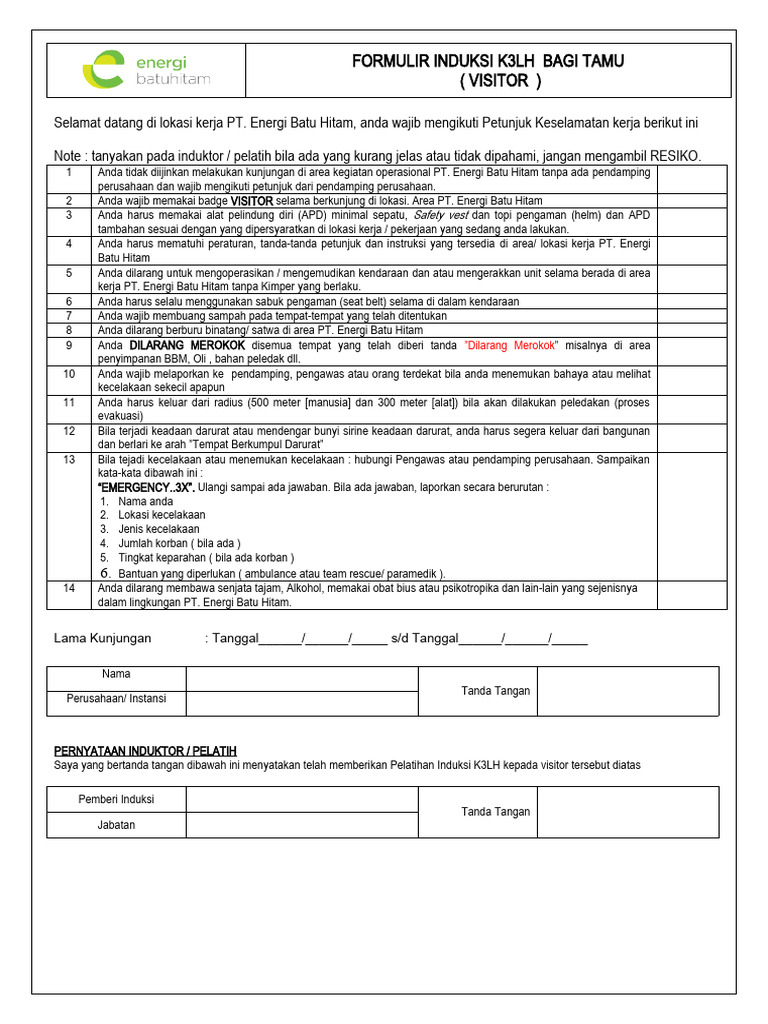 EBH-FO-HSE-012 Formulir Induksi Visitor | PDF | Bisnis | Kesehatan Holistik