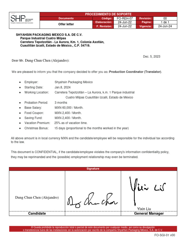Offer Letter Dung Chun Chen (Alejandro) | PDF | Employee Relations
