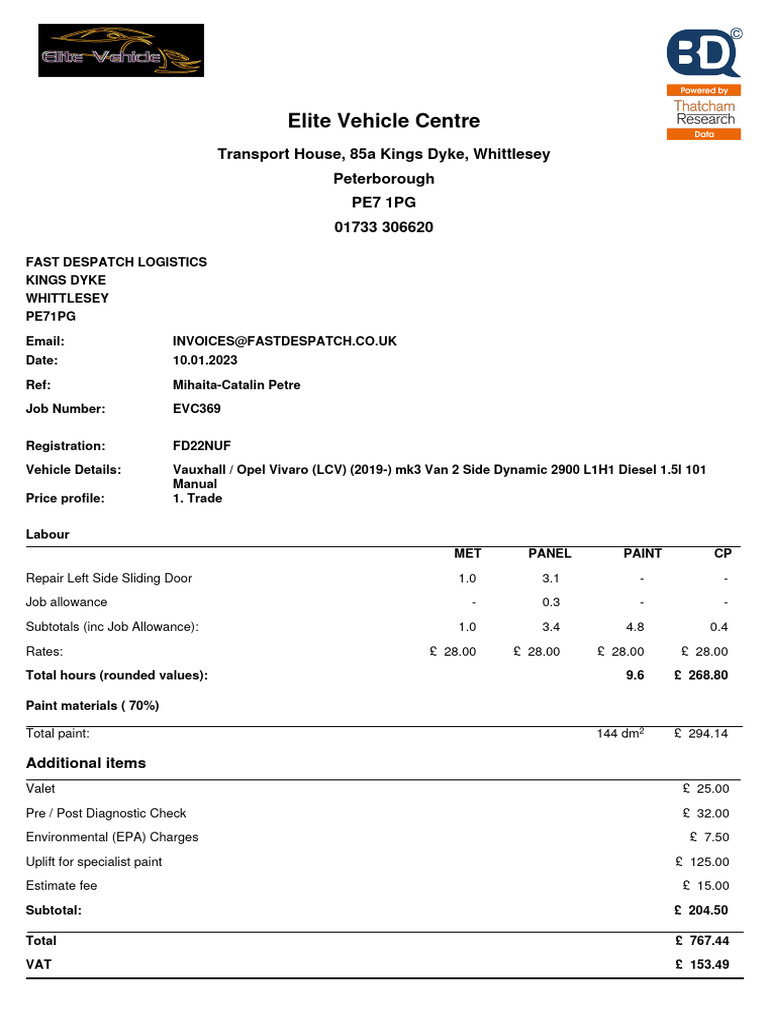 Invoice Reparare Van | PDF