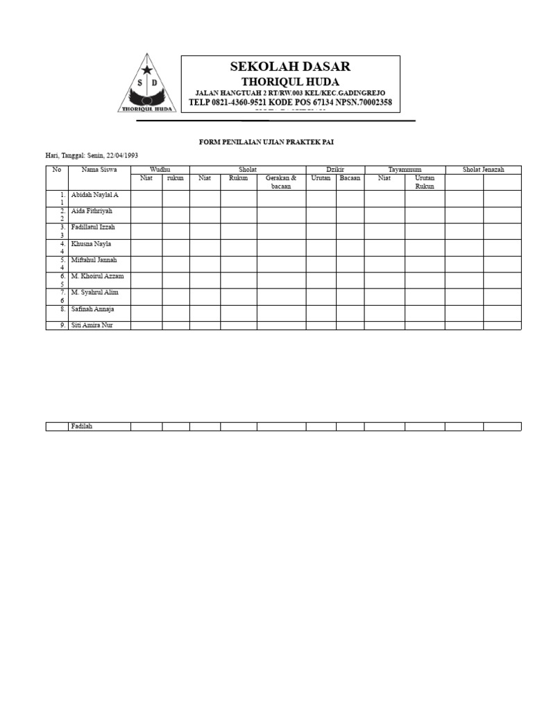 Form Penilaian Praktek PAI | PDF