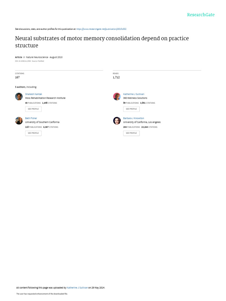 Neural Substrates of Motor Memory Consolidation De-1 | PDF ...