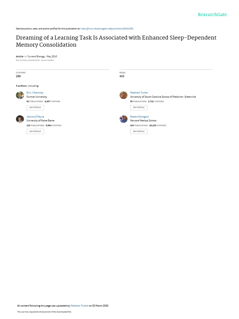 Dreaming of A Learning Task Is Associated With Enhanced Sleep-Dependent ...