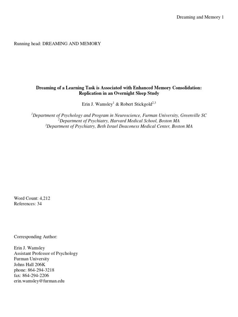 Dreaming of A Learning Task Is Associated With Enhanced Memory ...
