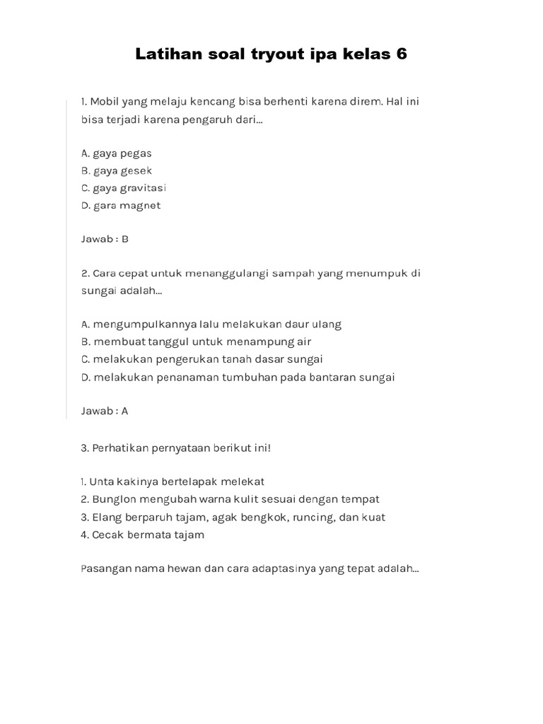 Latihan Soal Tryout Ipa Kelas 6 | PDF