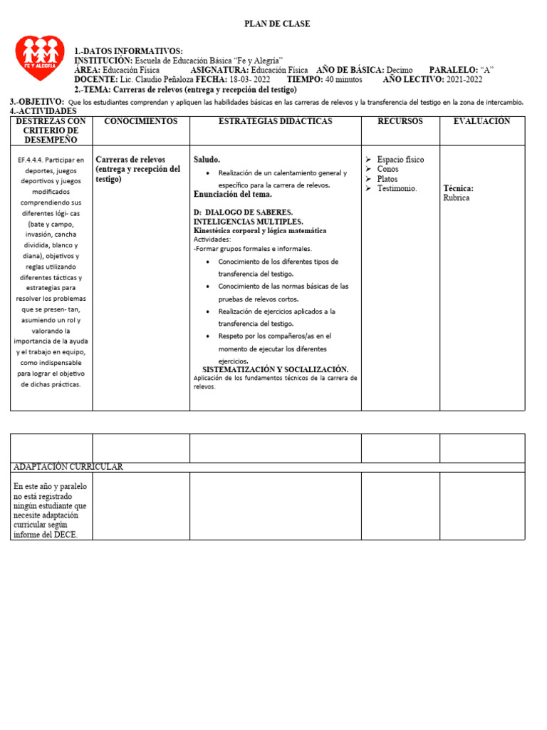 Plan de Clase Educacion Fisica | PDF