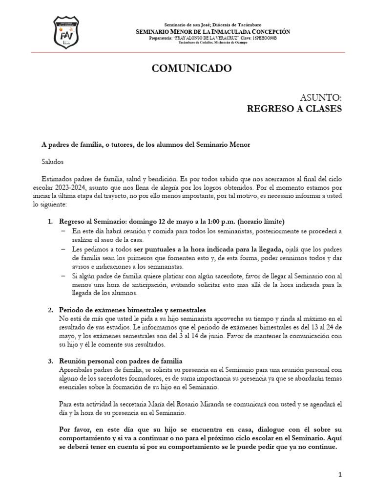 Comunicado. 11 de Mayo de 2024 | Descargar gratis PDF | Seminario