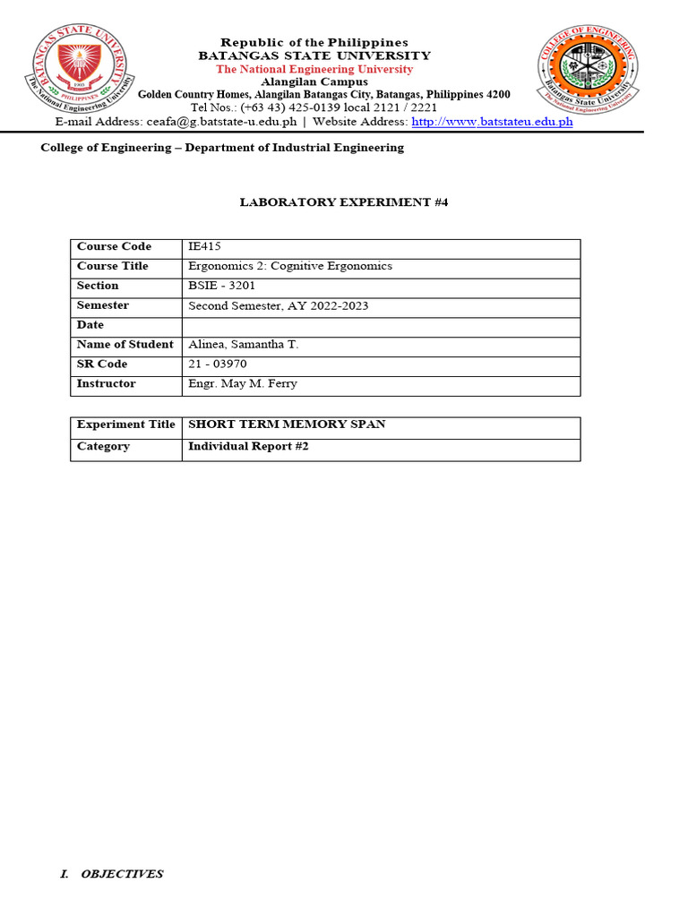 IE415 - Laboratory Experiment 4 - Short Term Memory Span 1 | PDF | Memory | P Value