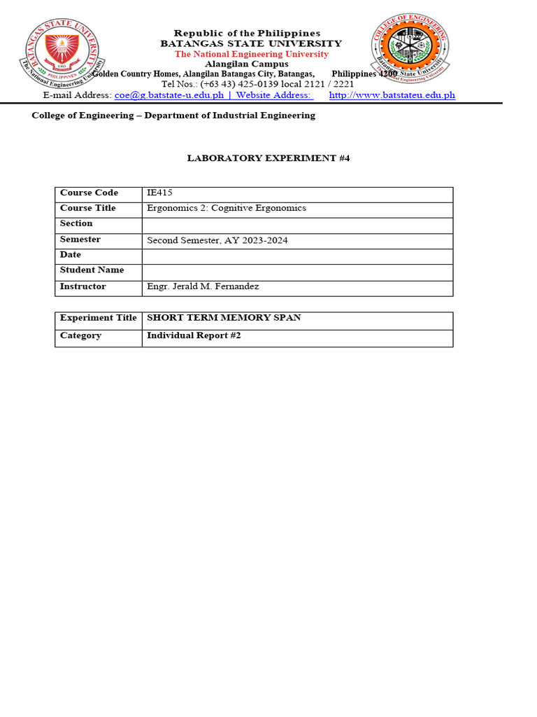IE415 Laboratory Experiment - 4 Short Term Memory Span | PDF | Data Analysis | Memory