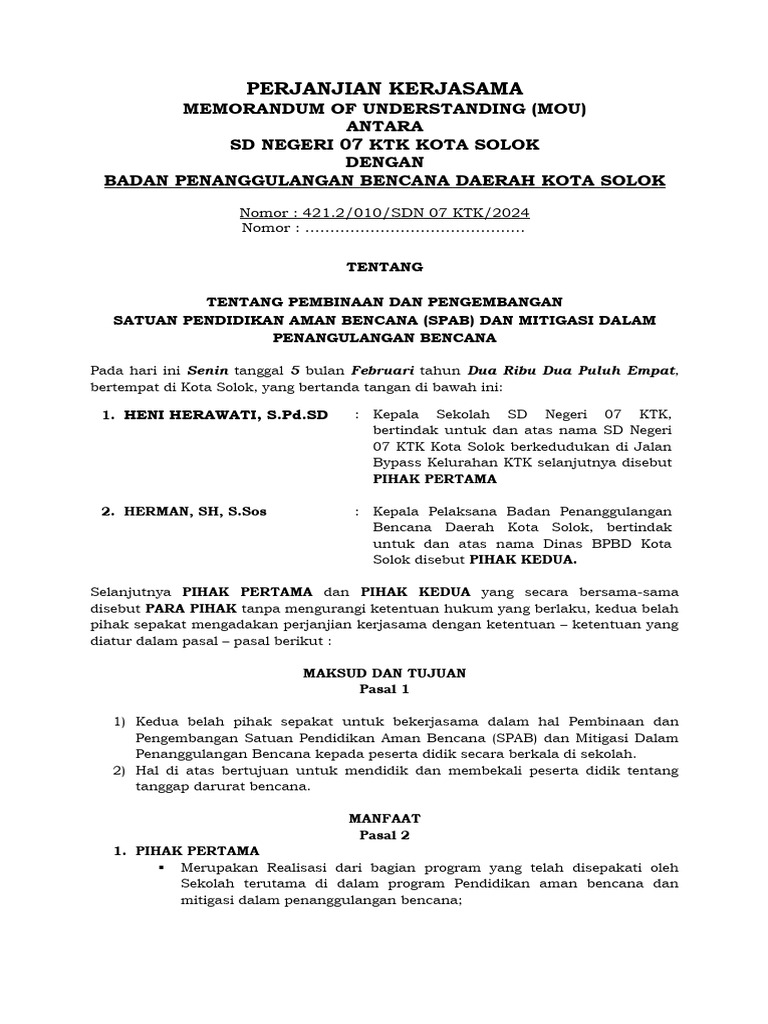 Perjanjian Kerjasama Dengan BPBD 2024 - Mou | PDF | Pengelolaan Keuangan & Uang | Ilmu Sosial