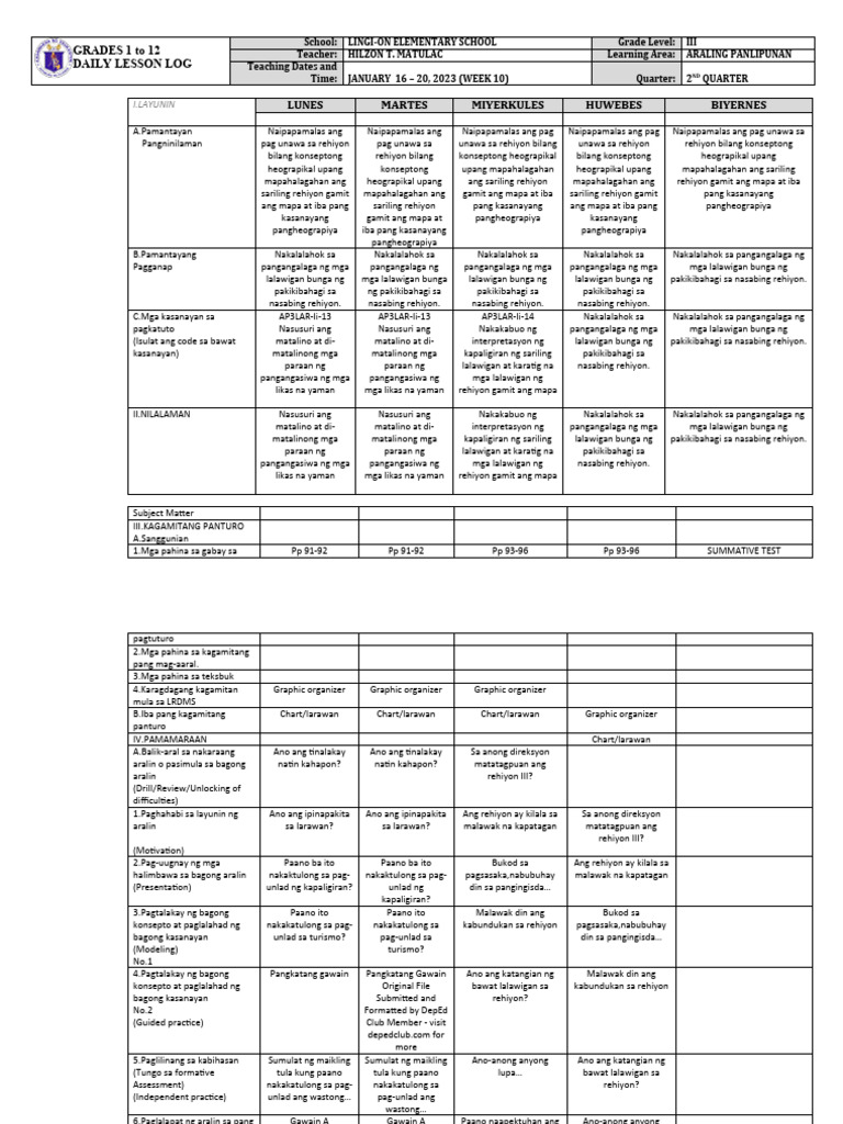 DLL - Araling Panlipunan 3 - Q1 - W9 | PDF
