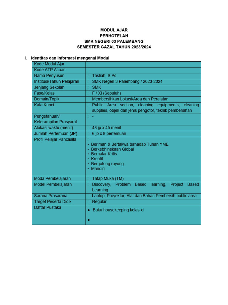 MODUL AJAR Peralatan Pembersih | PDF