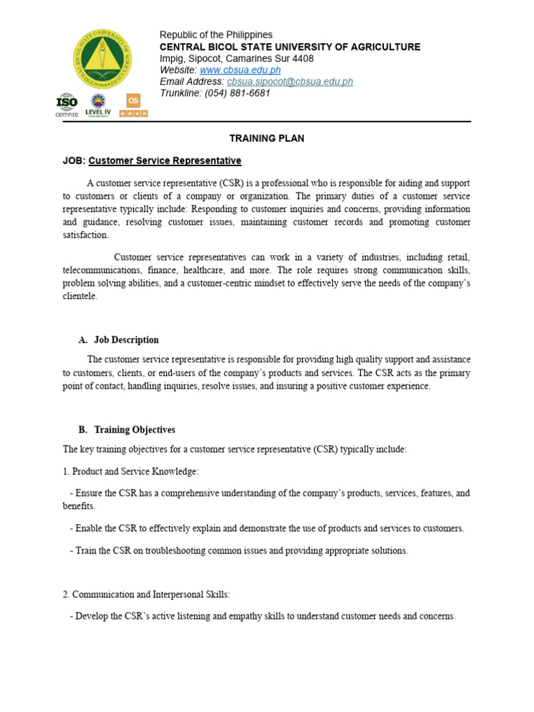 CSR Training Plan | PDF | Customer Relationship Management | Corporate ...