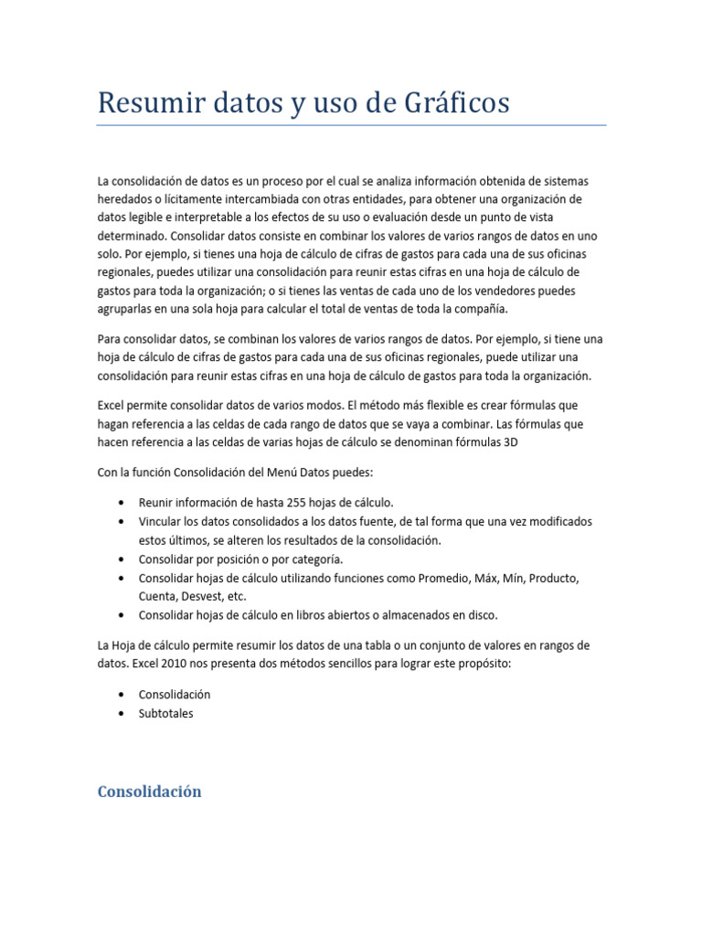Resumir Datos y Uso de Gráficos | PDF | Hoja de cálculo | Microsoft Excel